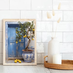Mediterranean Lemon Tree Wall Art, Rustic Blue Door Mosaic and Lemons ...