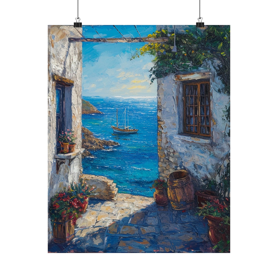 Vintage Aegean Sea Painting, Traditional Greek Alleyway Azure Ocean Art ...