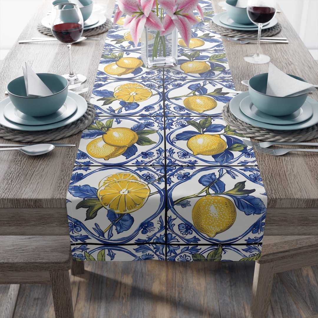 Italian Lemon Tiles Table Runner, Blue Floral Table Runner, Lemons ...