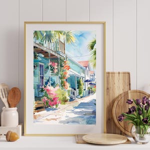 Key West Streetscape Art, Florida Keys Painting, Quaint Floral Beach ...