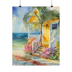 Coastal Key West Cottage Painting, Island Seascape Watercolor Print ...