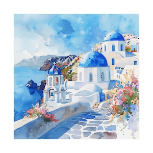 Santorini Painting Greek Blue Domes Aegean Sea View Art Print Greece ...