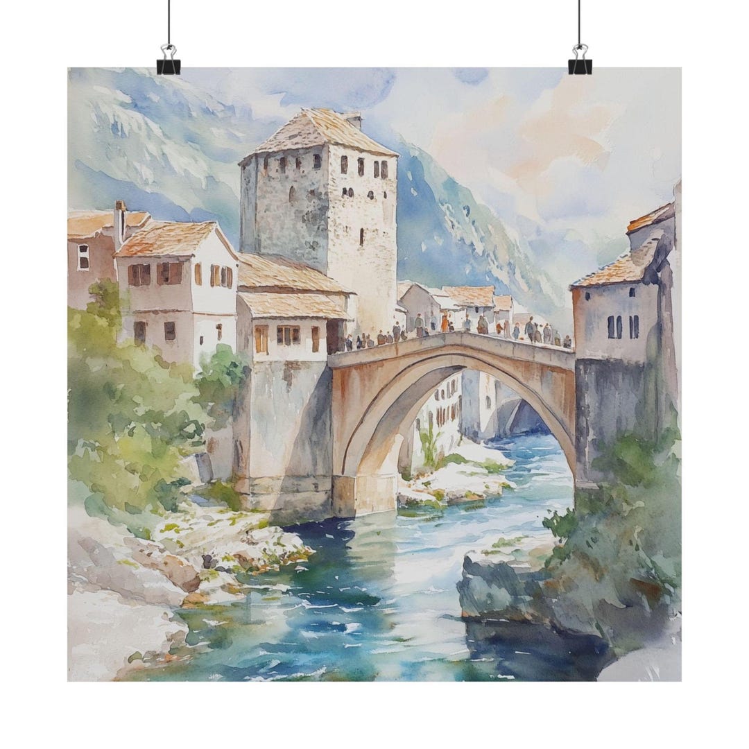 Mostar Bosnia and Herzegovina Watercolor Painting, Stari Most Old ...