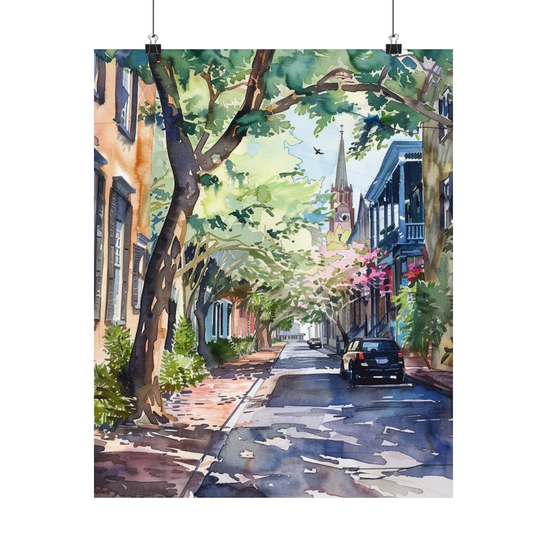 Historic Charleston Painting South Carolina Watercolor Art, Streetscape ...
