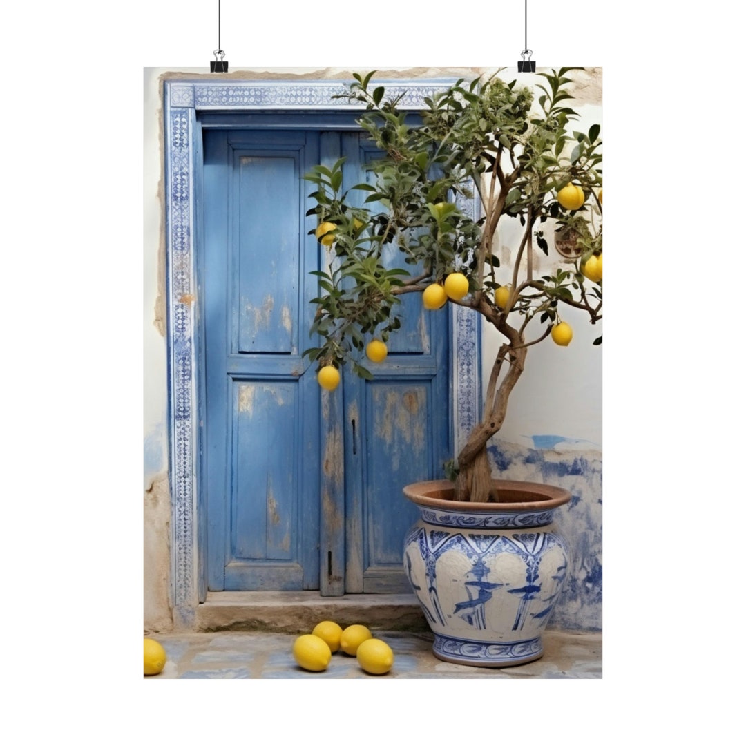 Mediterranean Lemon Tree Wall Art, Rustic Blue Door Mosaic and Lemons ...