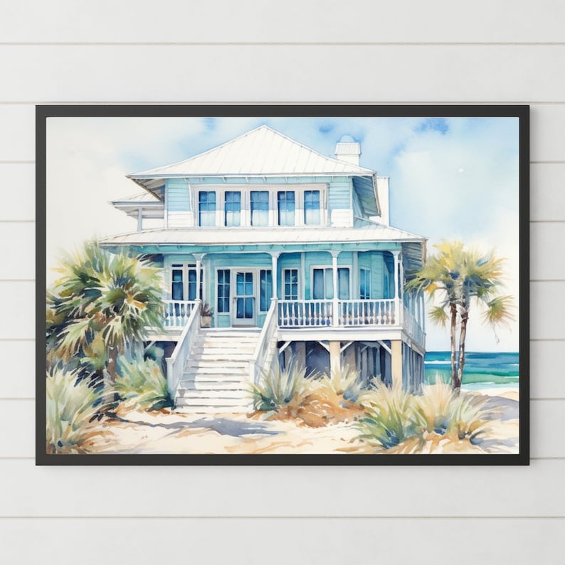 Modern Beach House Watercolor, Beach House Wall Art, Rustic House ...