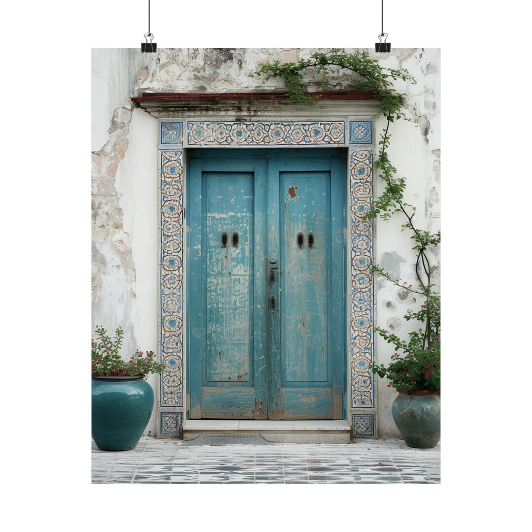 European Rustic Blue Door Art Print, Vintage Mediterranean Wall Art ...