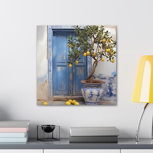 Mediterranean Lemon Tree Canvas Gallery Wrap, Rustic Blue Door Mosaic ...