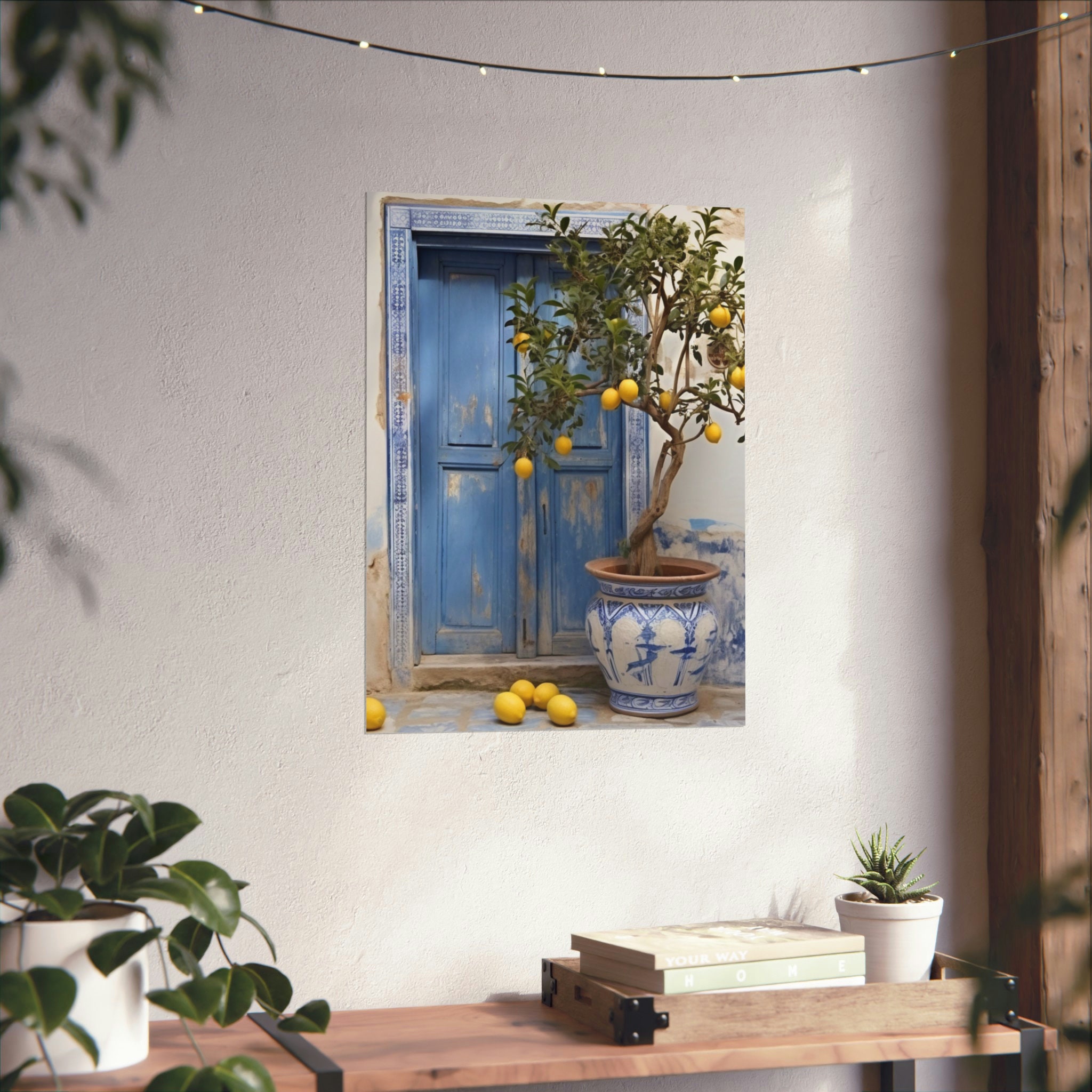 Mediterranean Lemon Tree Wall Art, Rustic Blue Door Mosaic and Lemons ...