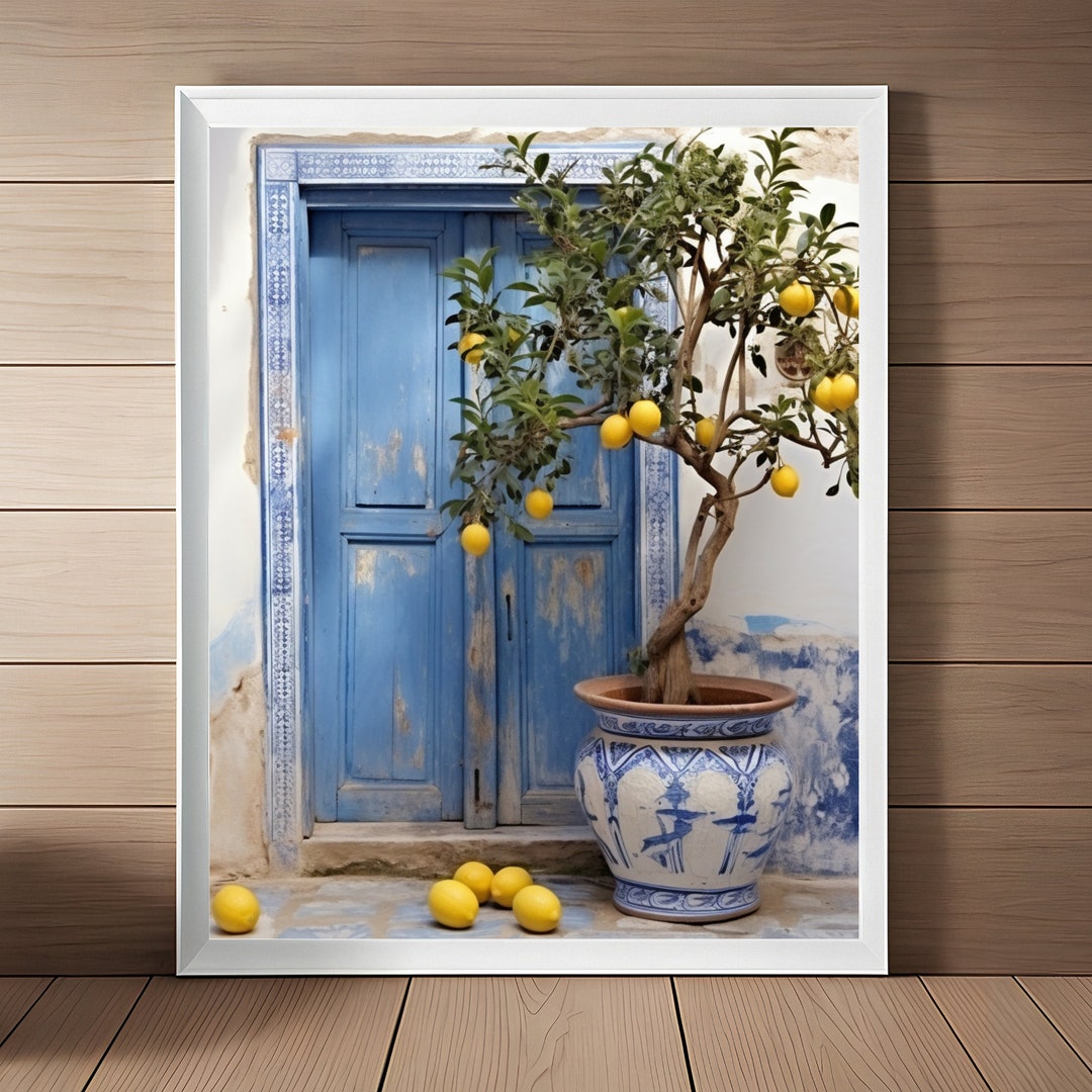 Mediterranean Lemon Tree Wall Art, Rustic Blue Door Mosaic and Lemons ...