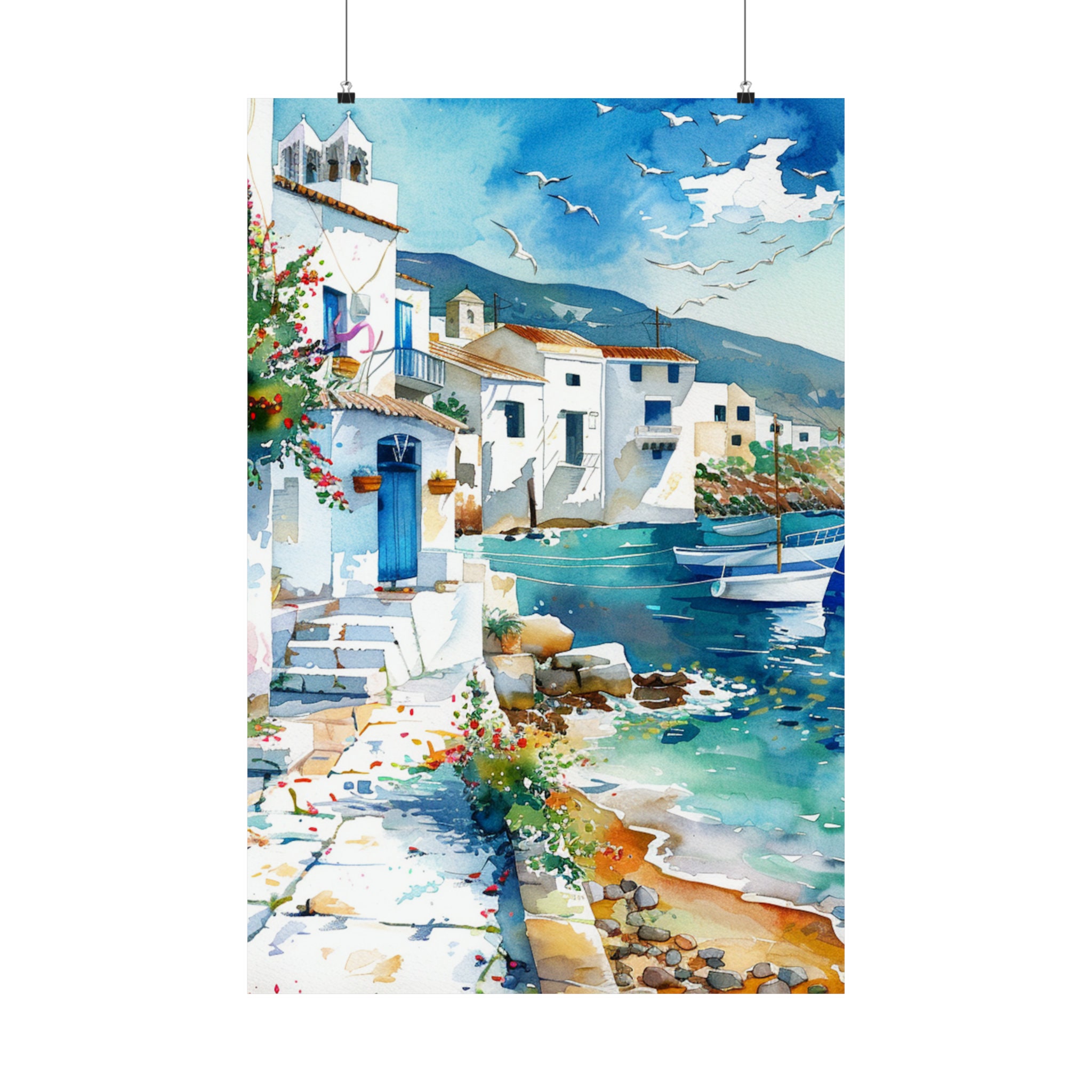 Greece Painting Seascape Watercolor Print, Greek Island Wall Art ...