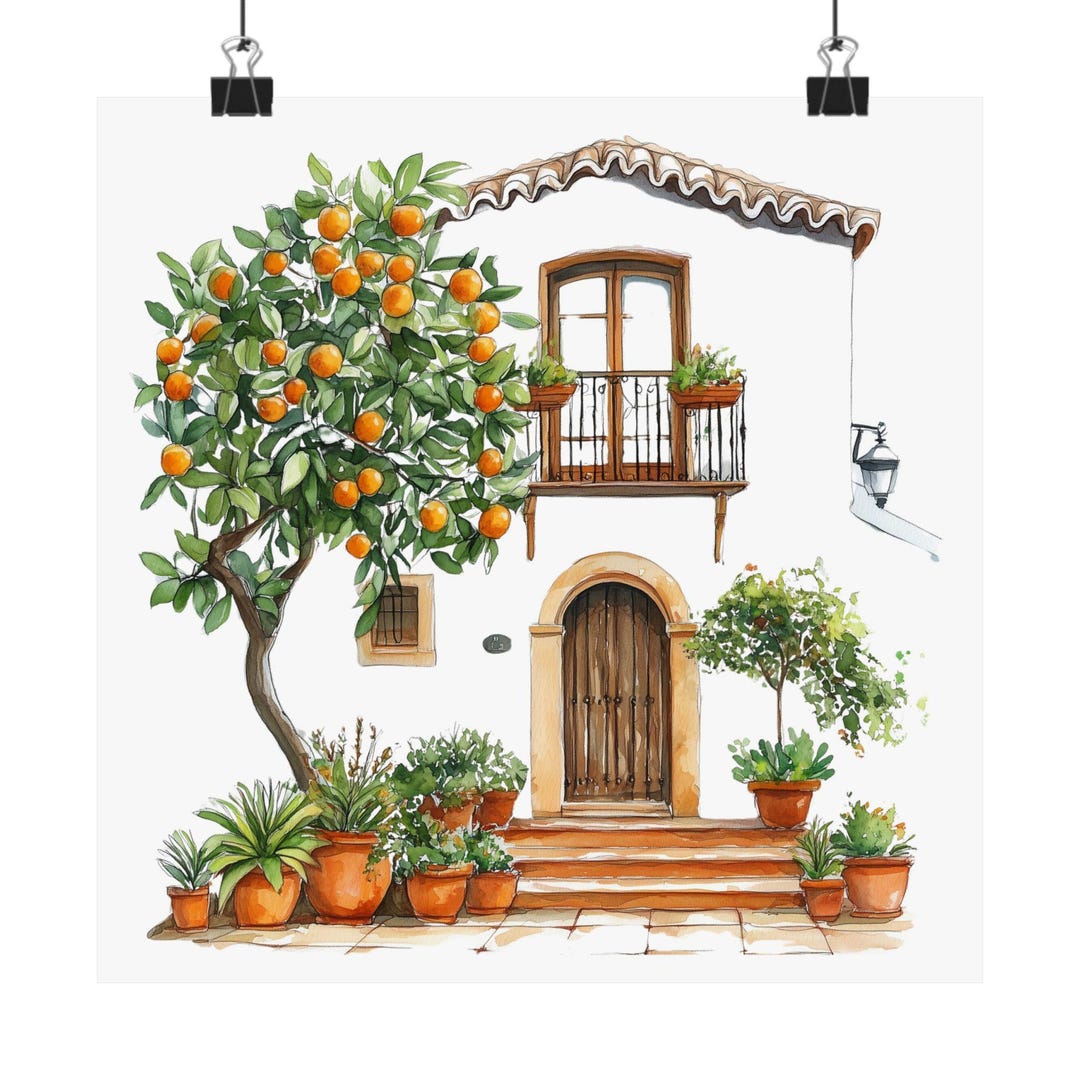 Spanish Villa Orange Tree Painting: Spain Watercolor Art Print ...