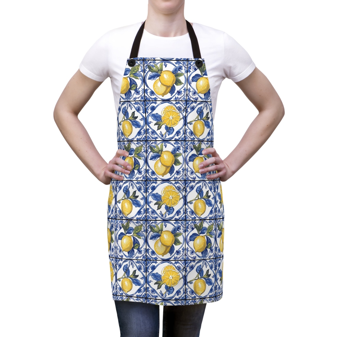 Italian Apron, Lemons and Blue Tile Kitchen Apron Spring Baking Apron ...