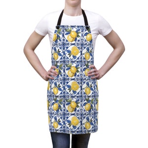 Italian Apron, Lemons and Blue Tile Kitchen Apron Spring Baking Apron ...