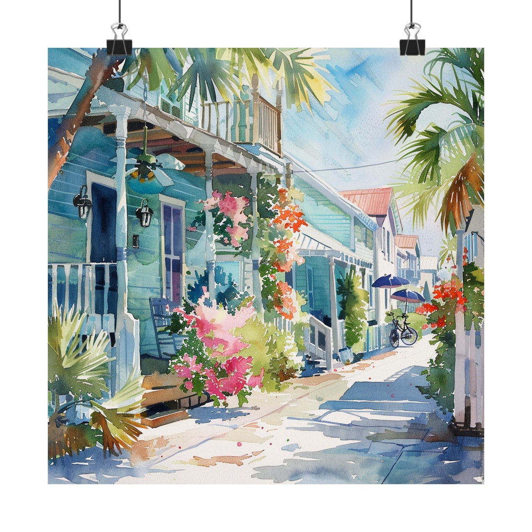 Key West Streetscape Art, Florida Keys Painting, Quaint Floral Beach ...