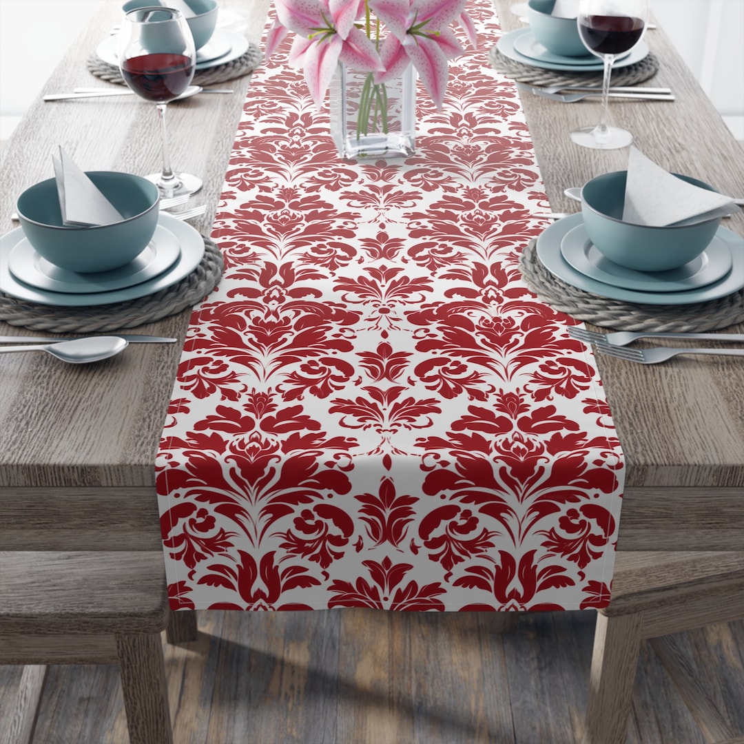 Red Damask Table Runner, Fancy Red and White Tablerunner, Christmas ...