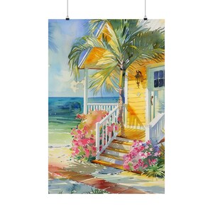 Coastal Key West Cottage Painting, Island Seascape Watercolor Print ...