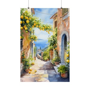 Mediterranean Watercolor Lemon Tree Wall Art Amalfi Coast Painting ...