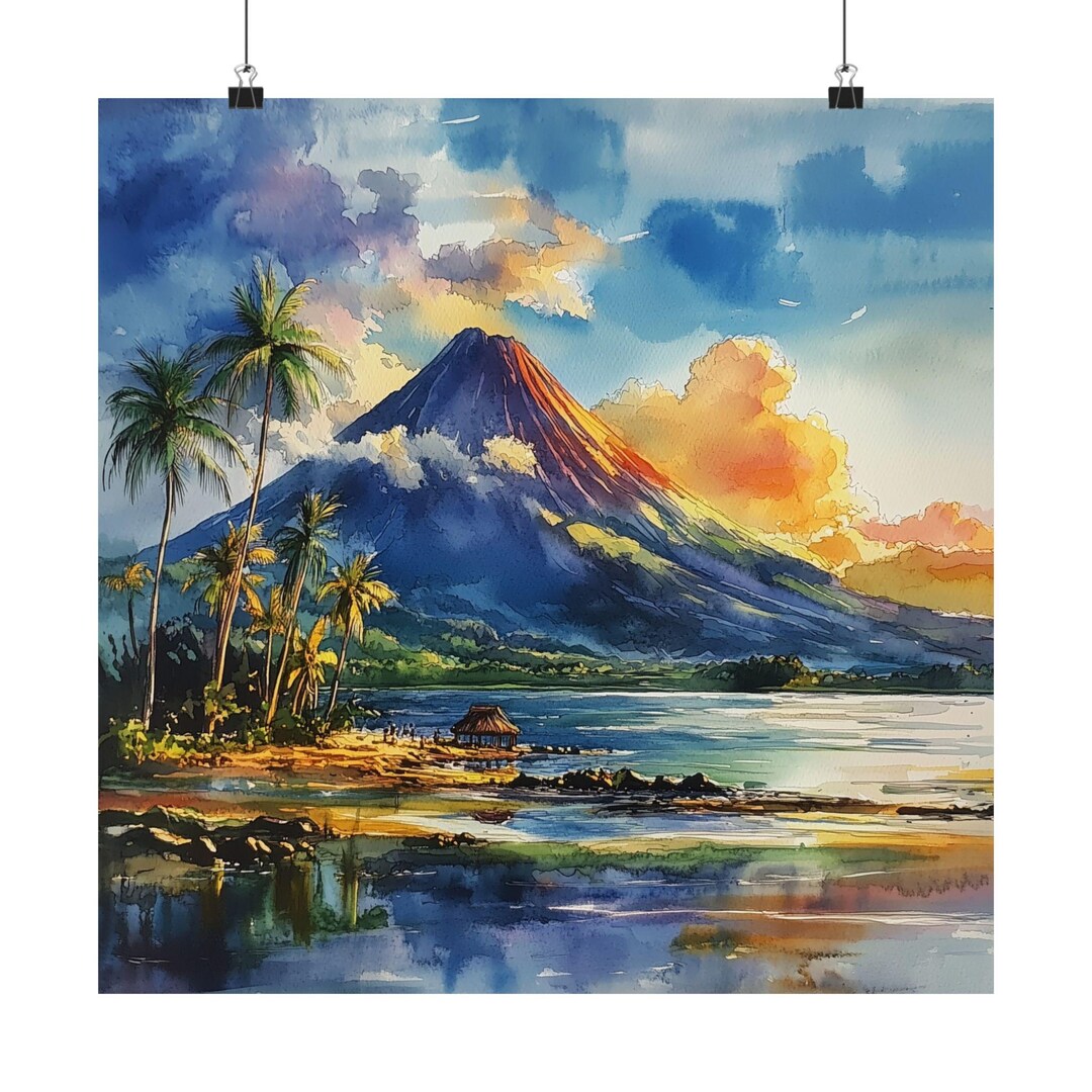 Philippines Watercolor Painting, Mount Mayon Art, Tropical Philippines ...