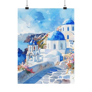 Santorini Painting Greek Blue Domes Aegean Sea View Art Print Greece ...