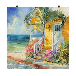 Coastal Key West Cottage Painting, Island Seascape Watercolor Print ...