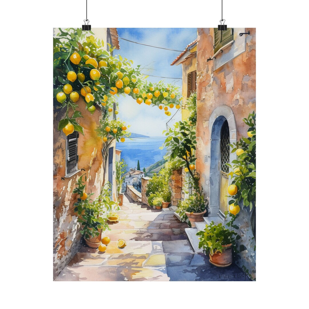Mediterranean Watercolor Lemon Tree Wall Art Amalfi Coast Painting ...
