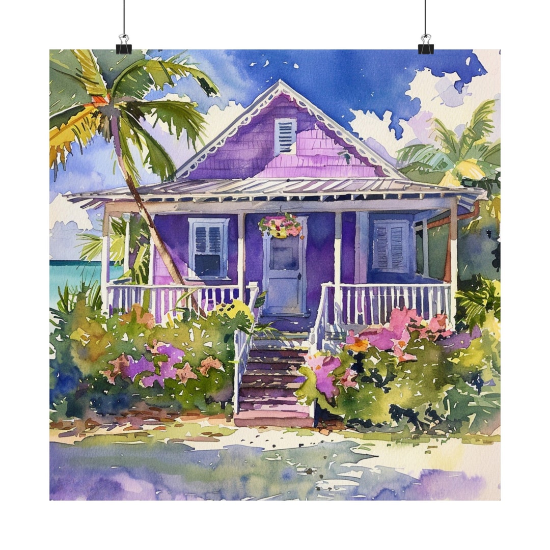 Key West Cottage Painting, Florida Keys Art Print, Purple Tropical ...