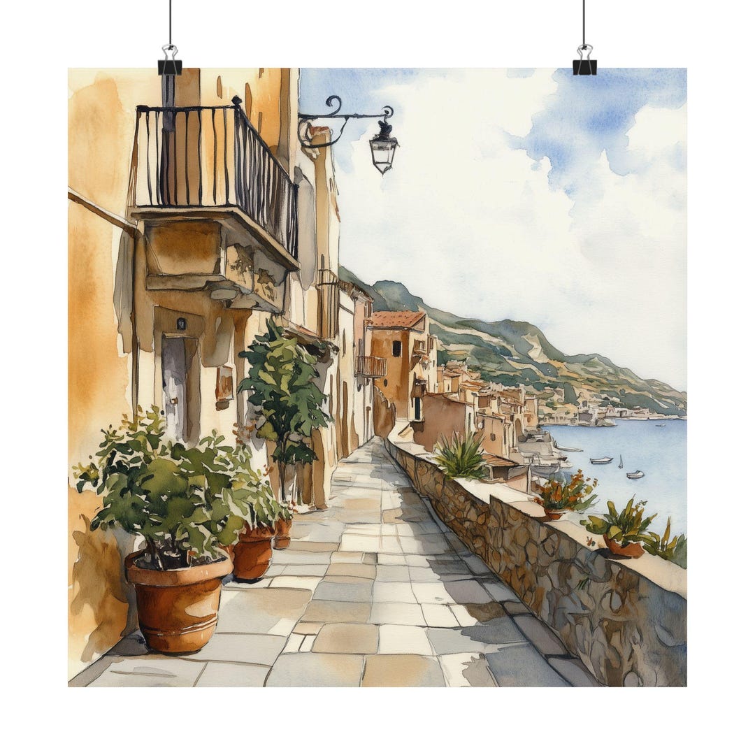 Cefalu Sicily Art, Italian Seascape Watercolor Painting, Coastal ...