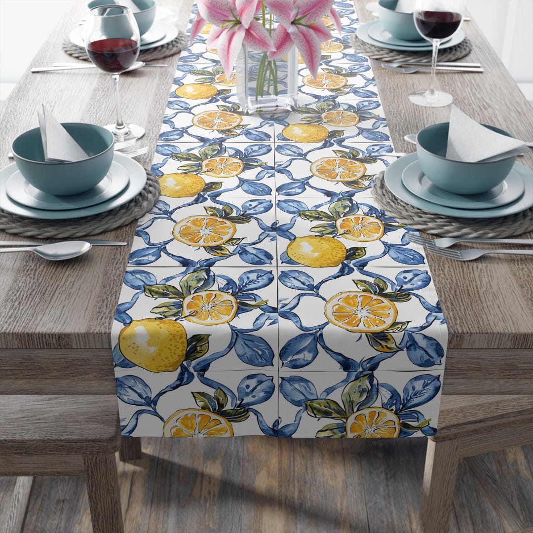 Italian Table Runner, Mediterranean Lemons and Blue Tiles Table Runner ...