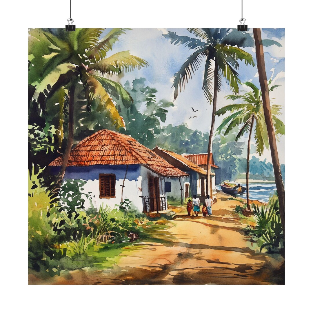 Kerala India Art, Rustic Palm Trees, Landscape Art Watercolor Painting ...