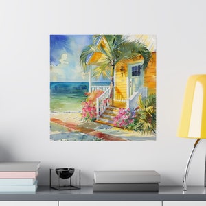 Coastal Key West Cottage Painting, Island Seascape Watercolor Print ...