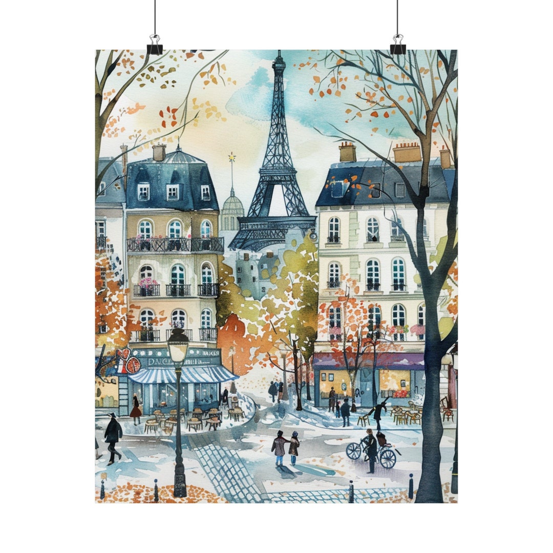 Paris Painting Eiffel Tower Watercolor, Quaint Paris Streetscape Art ...