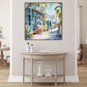Key West Streetscape Art, Florida Keys Painting, Quaint Floral Beach ...