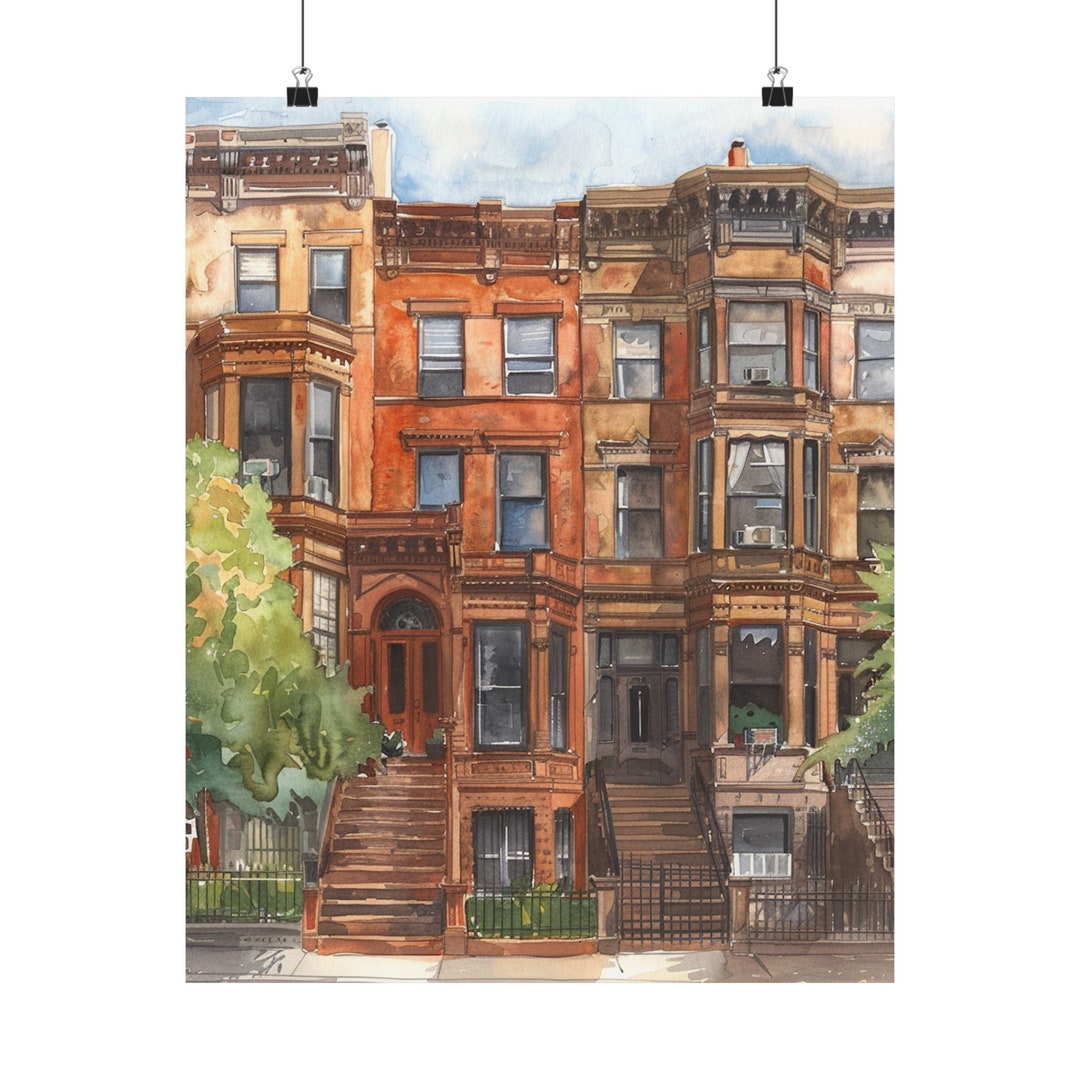 New York City Art Print, Brooklyn Brownstone Painting, NYC Streetscape ...
