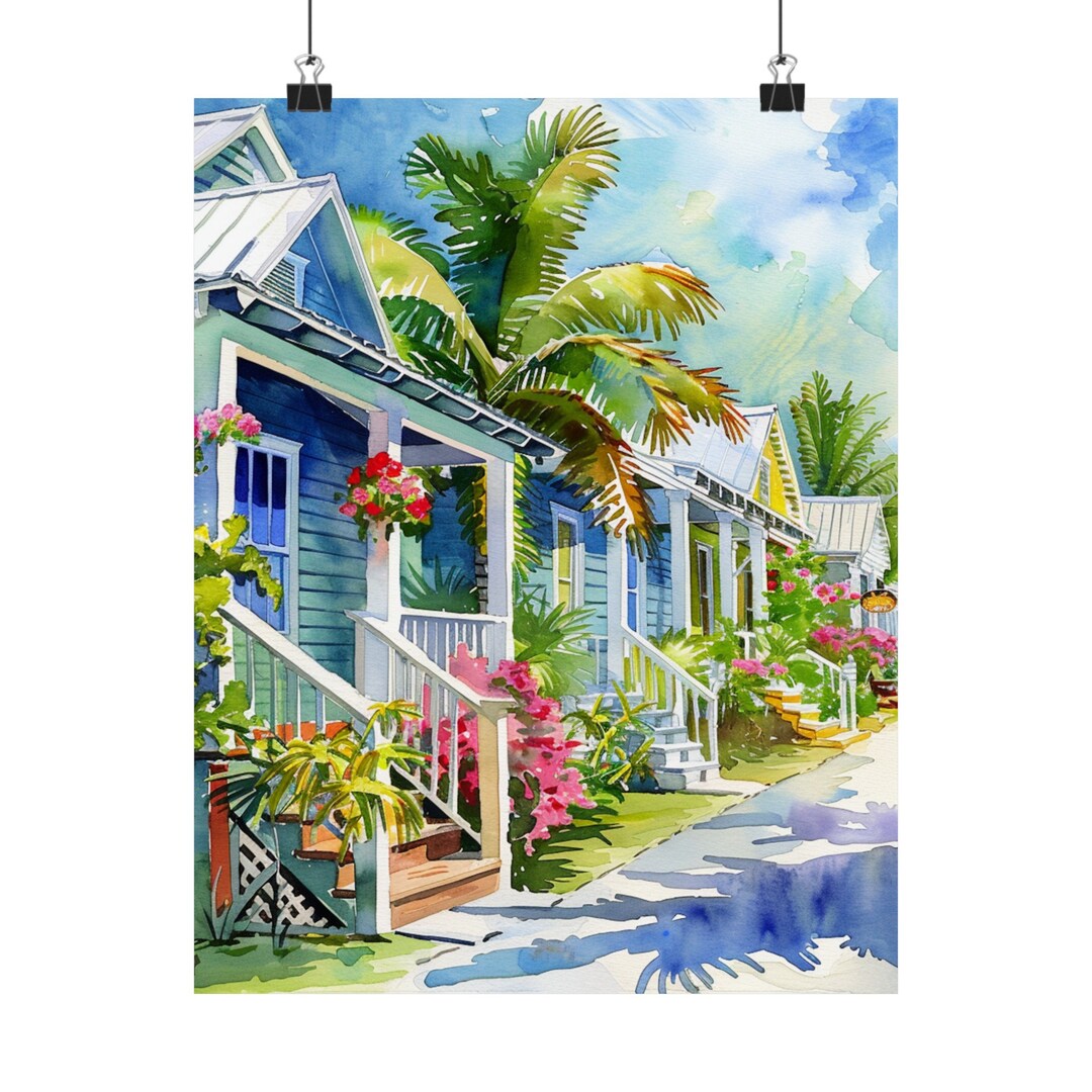 Florida Keys Streetscape Art, Key West Watercolor Print, Quaint Beach ...