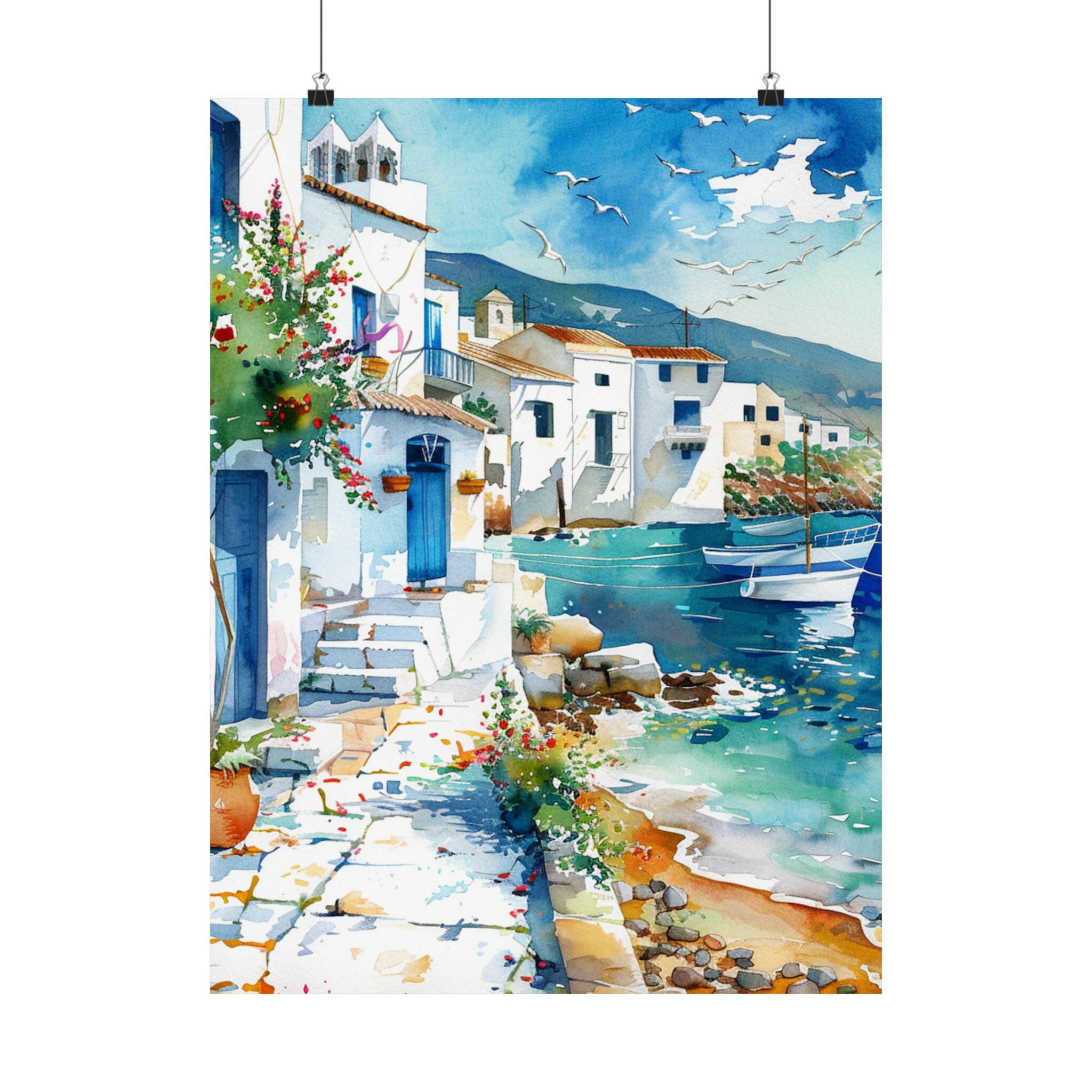 Greece Painting Seascape Watercolor Print, Greek Island Wall Art ...