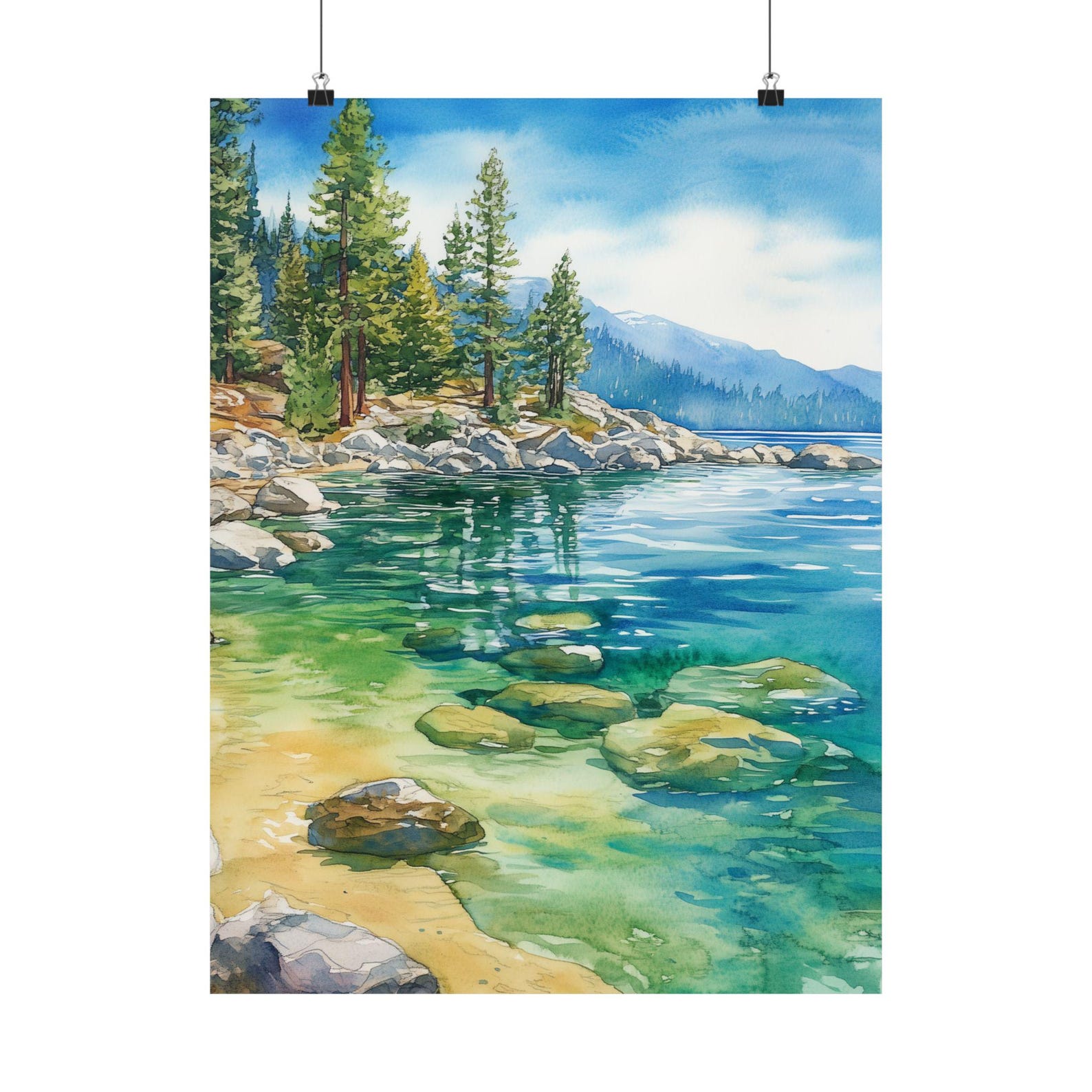 Lake Tahoe Art, Scenic Landscape Print, Nevada Watercolor Painting ...