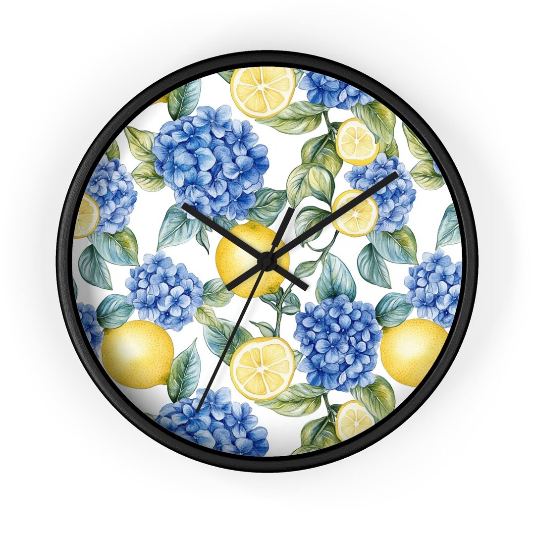 Hydrangea Lemon Wall Clock, Floral Kitchen Clock, Lemons Decor ...
