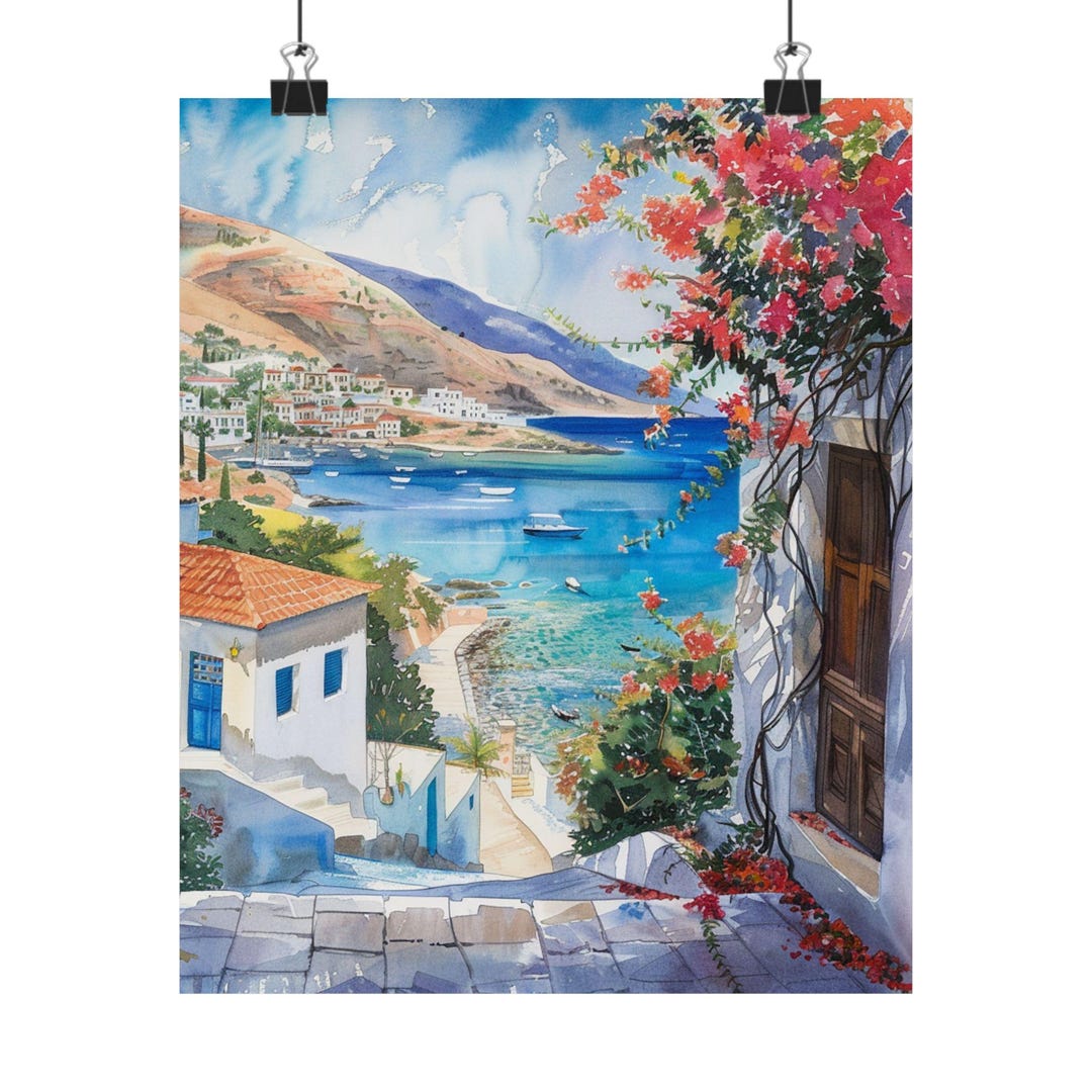 Crete Greece Watercolor Painting, Greek Wall Art, Seascape, Landscape ...