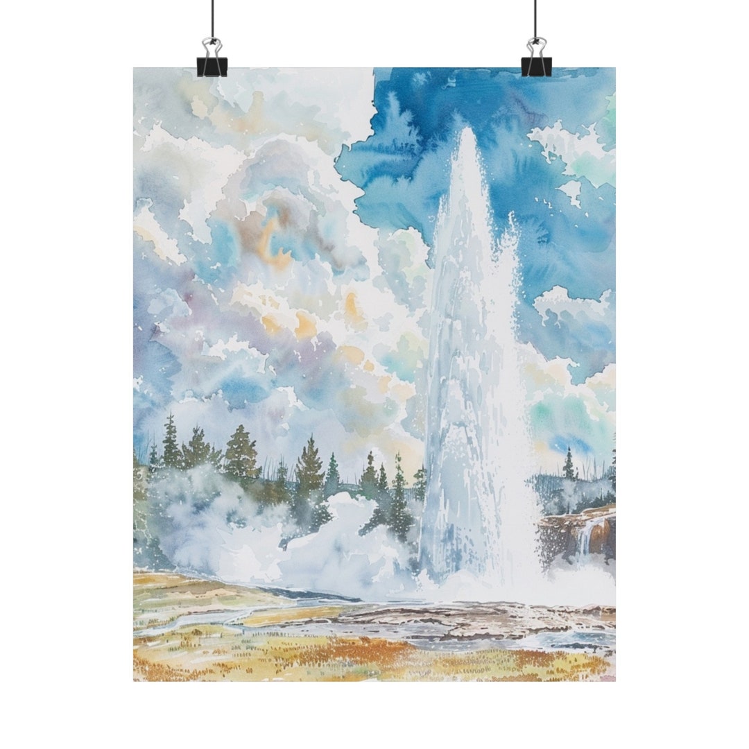 Old Faithful Geyser Art Print, Yellowstone National Park Watercolor ...