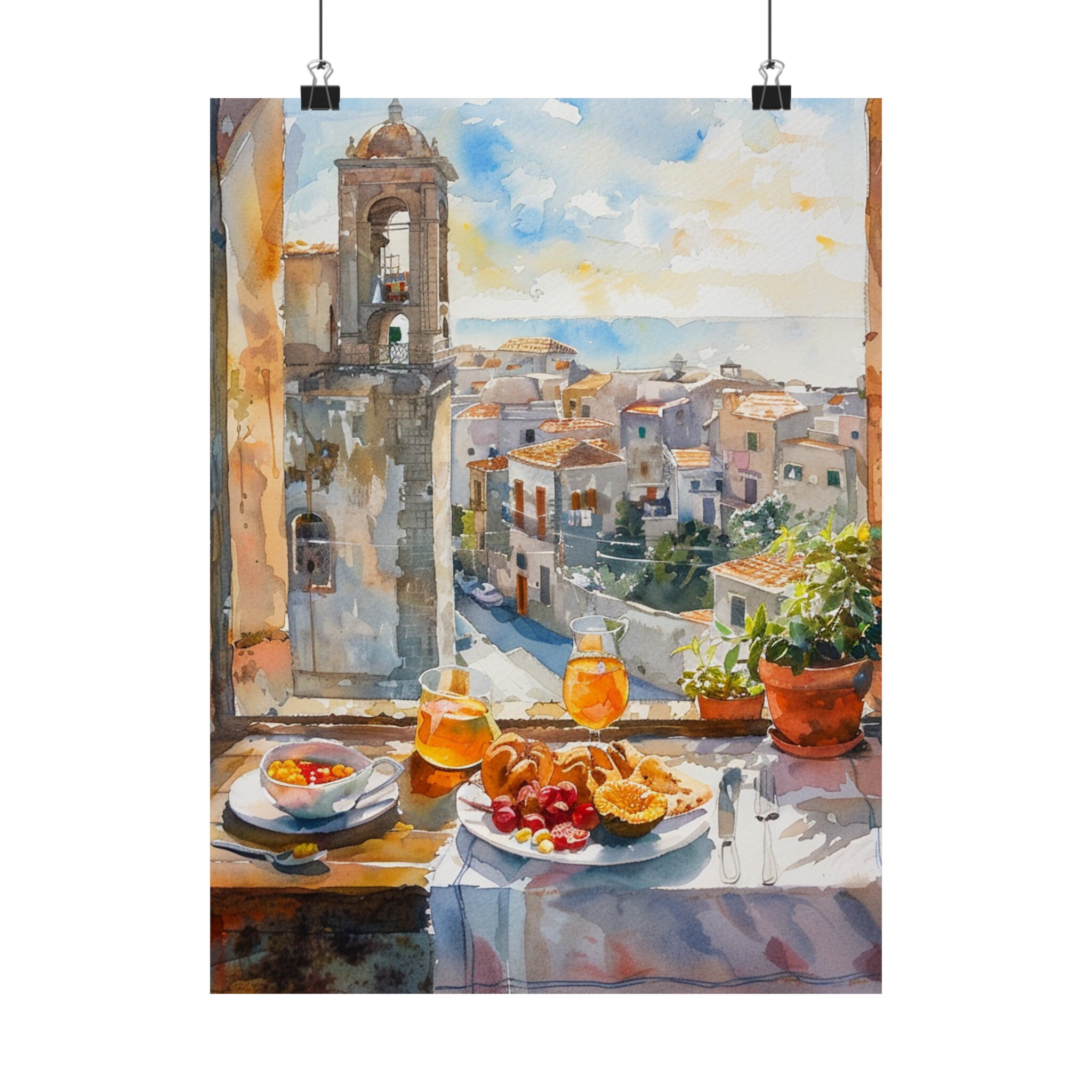 Sicily Breakfast Painting, Italy Cityscape Watercolor Art Print ...