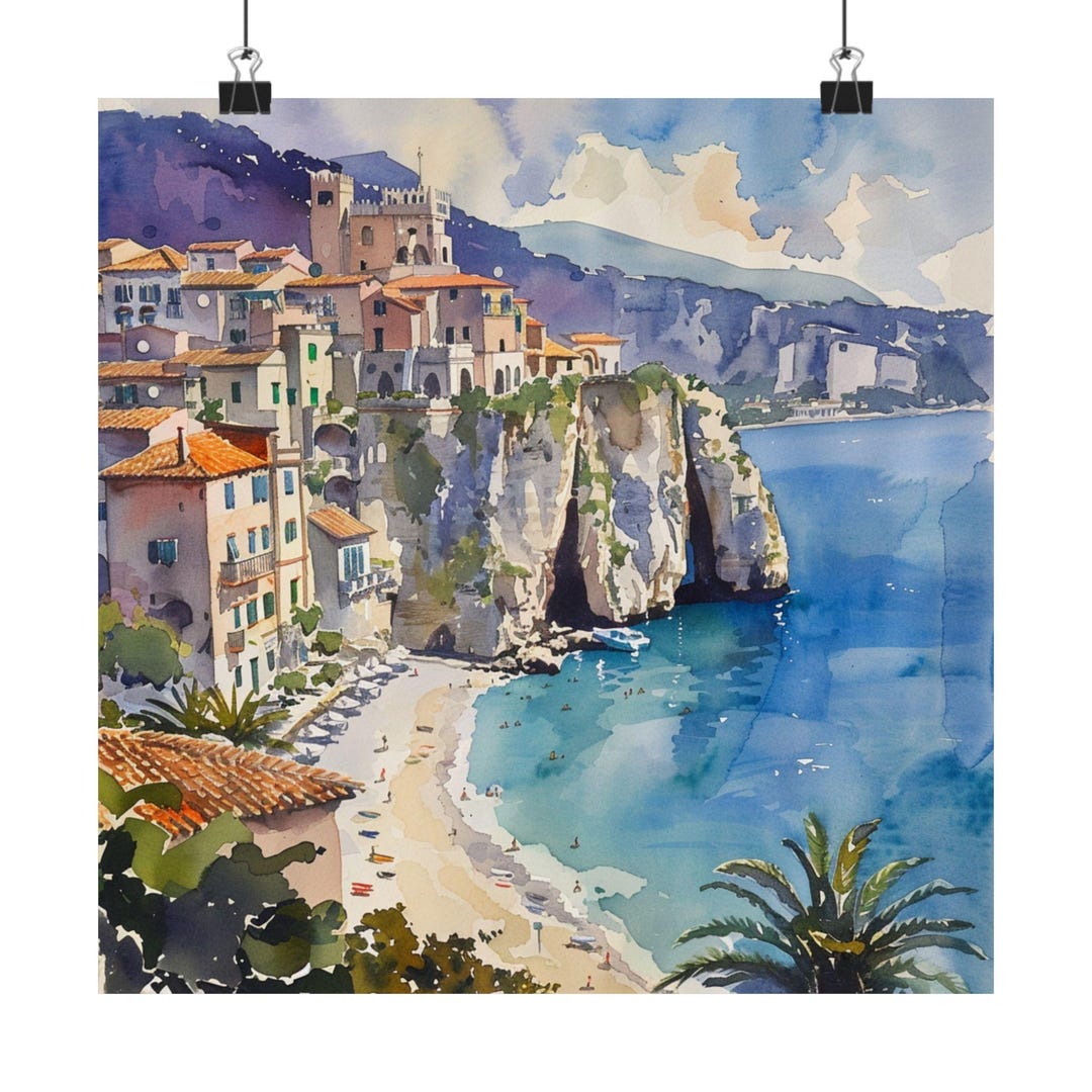 Tropea Coastal Watercolor Painting, Calabria Italian Seascape Art Print ...