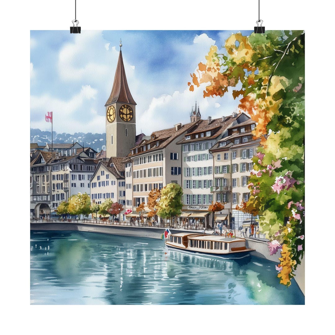 Zurich Switzerland Art, Lake Zurich Watercolor Painting, Limmat River ...