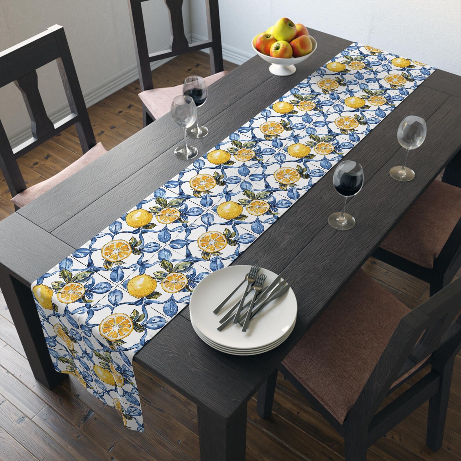 Italian Table Runner, Mediterranean Lemons and Blue Tiles Table Runner ...