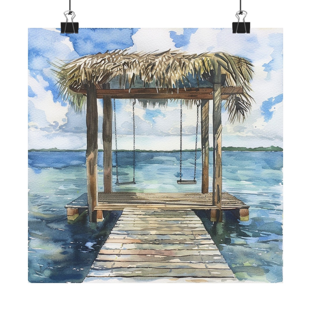 Bacalar Lagoon Painting, Bacalar Art Print, Watercolor Artwork, Palapa and Two Swings Clear Blue ...