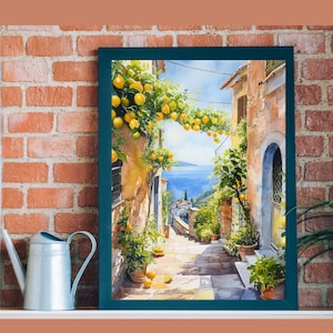 Mediterranean Watercolor, Lemon Tree Wall Art, Amalfi Coast Painting ...