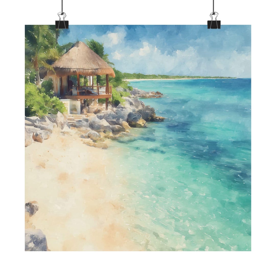 Riviera Maya Mexico Beach Art, Palapa Hut, Turquoise Ocean, Seaside Artwork, Tropical Vacation ...