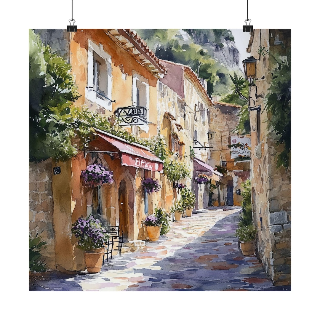 Eze France Watercolor Art Print: European Cafe Streetscape Painting ...