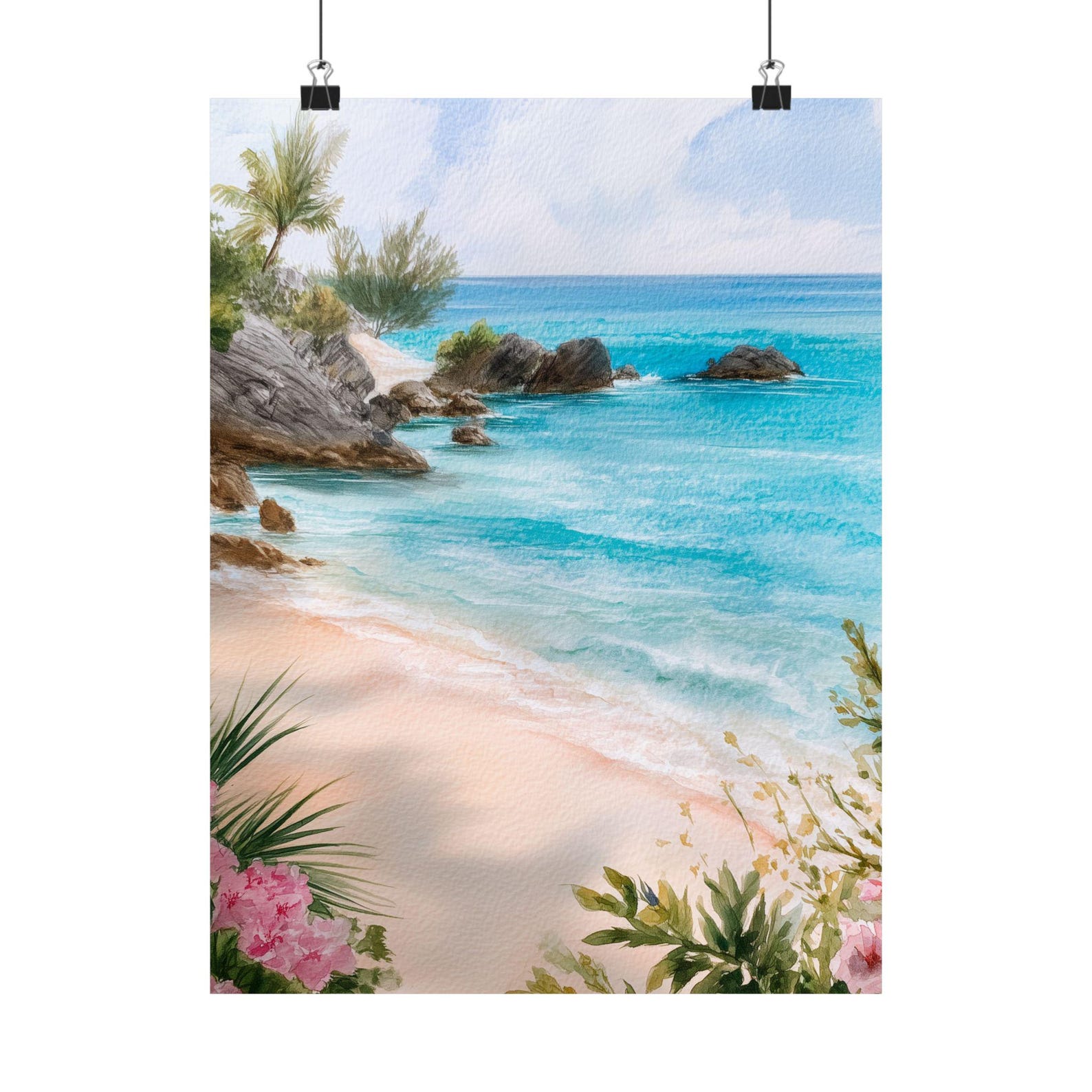 Horseshoe Bay Bermuda Watercolor Painting: Pink Sand Tropical Art ...