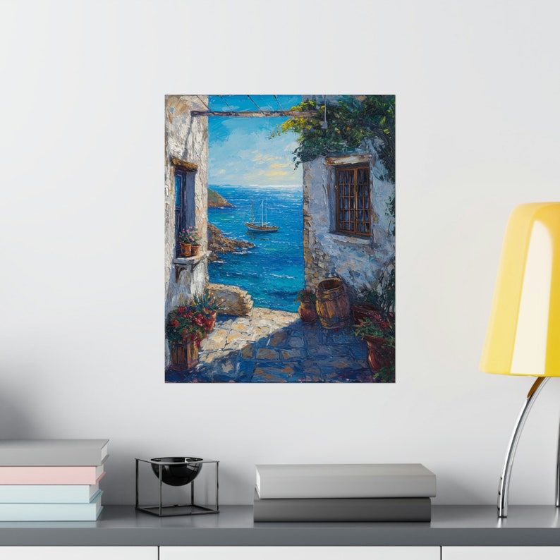 Vintage Aegean Sea Painting, Traditional Greek Alleyway Azure Ocean Art ...